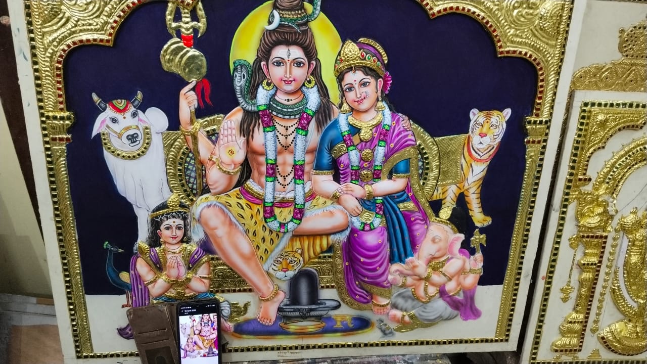 Shiva Family (Shiva Parvati Ganesha Murugan) Flat Tanjore Painting ...